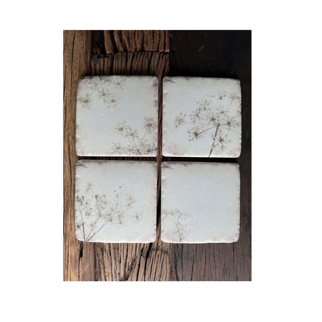 Set 4 French Shabby Chic Ceramic Tile Coasters White Gypsophila Floral ...