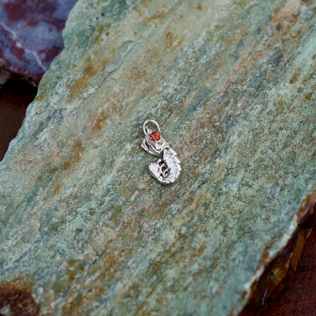 Silver Shrimp Pendant With Real Orange Sapphire Gemstone Eye Solid ...