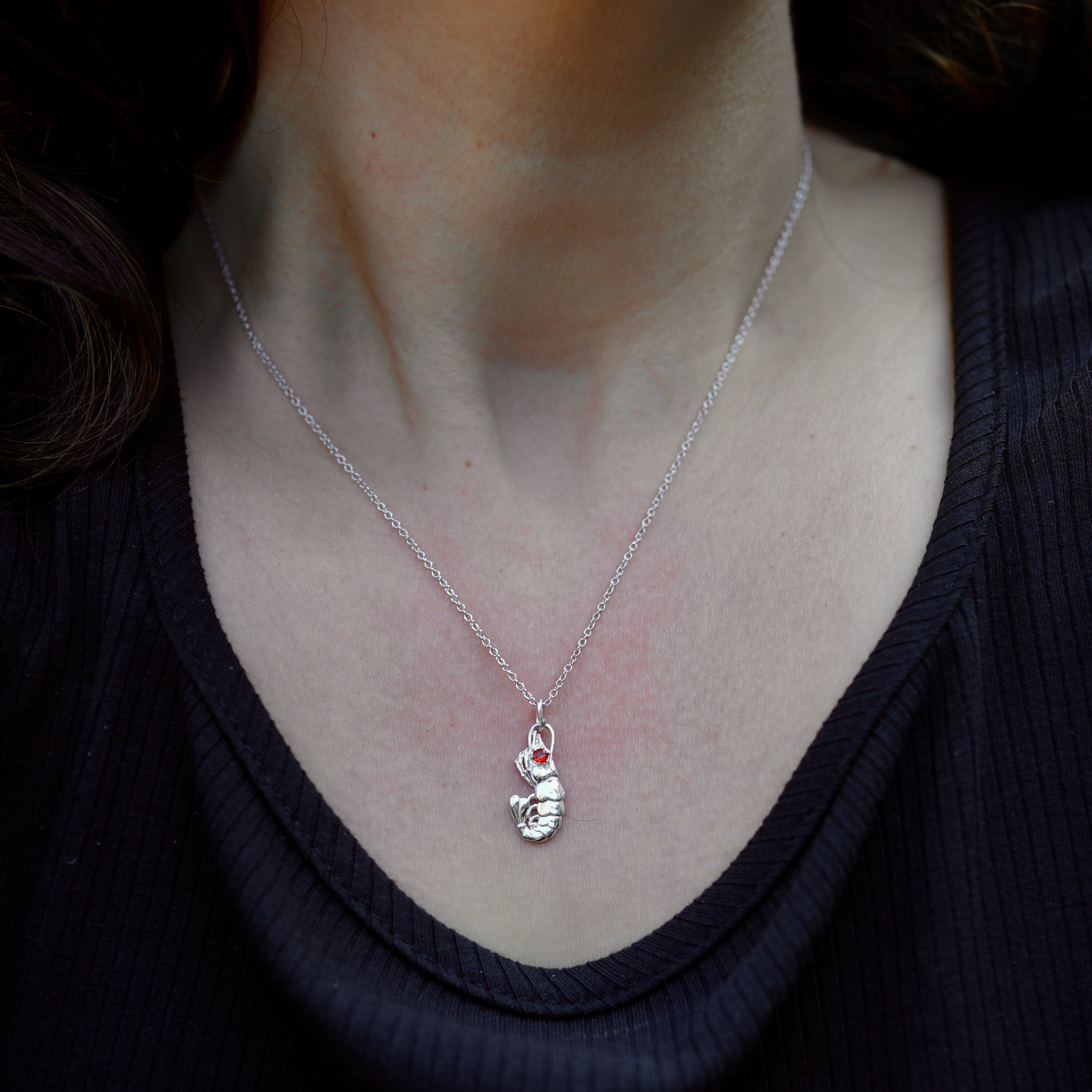 Silver Shrimp Pendant With Real Green Peridot Crystal Eye, Solid ...