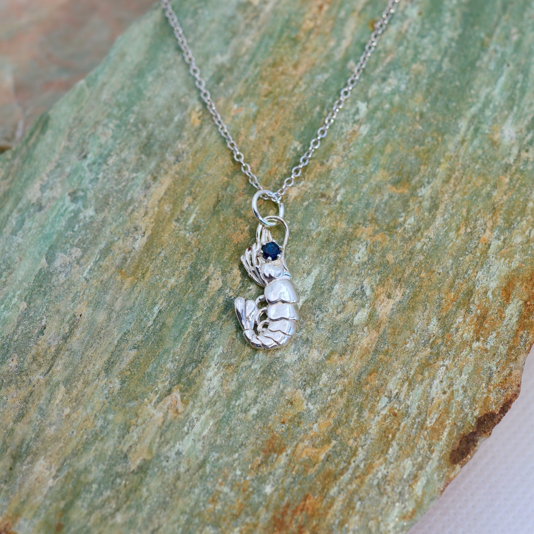 Silver Shrimp Pendant With Real Blue Sapphire Gemstone Eye - Solid ...