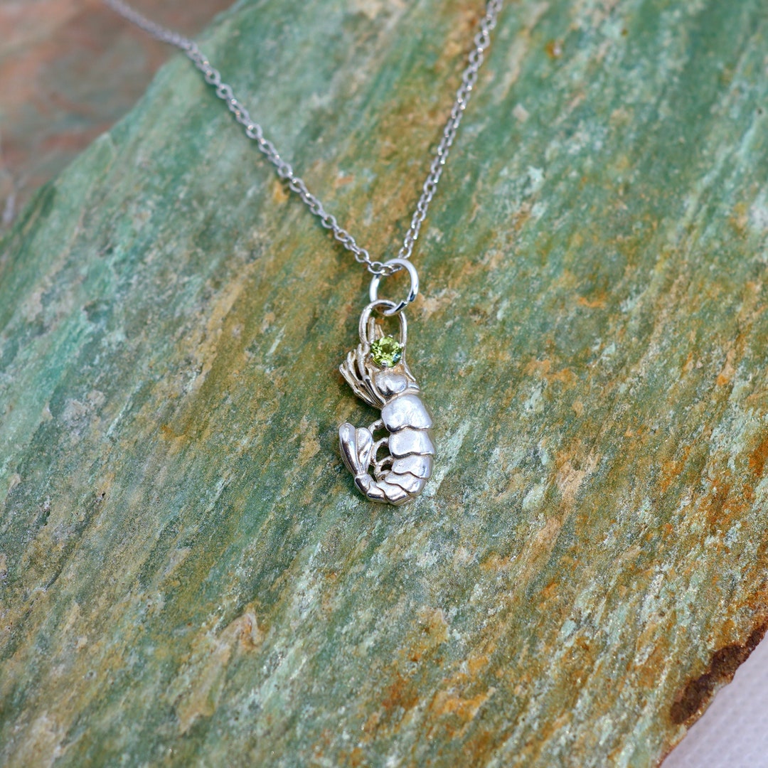 Silver Shrimp Pendant With Real Green Peridot Crystal Eye, Solid ...