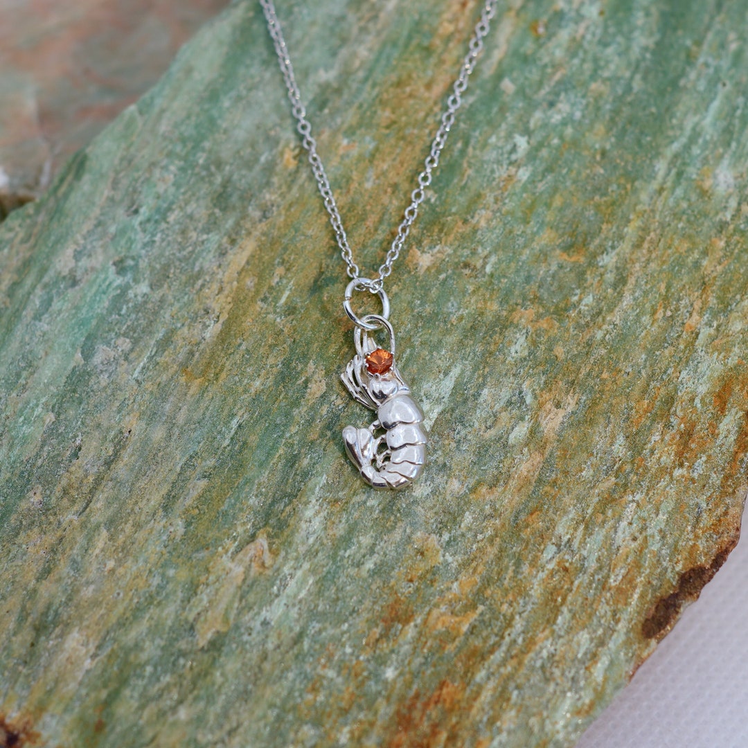 Silver Shrimp Pendant With Real Orange Sapphire Gemstone Eye - Solid ...