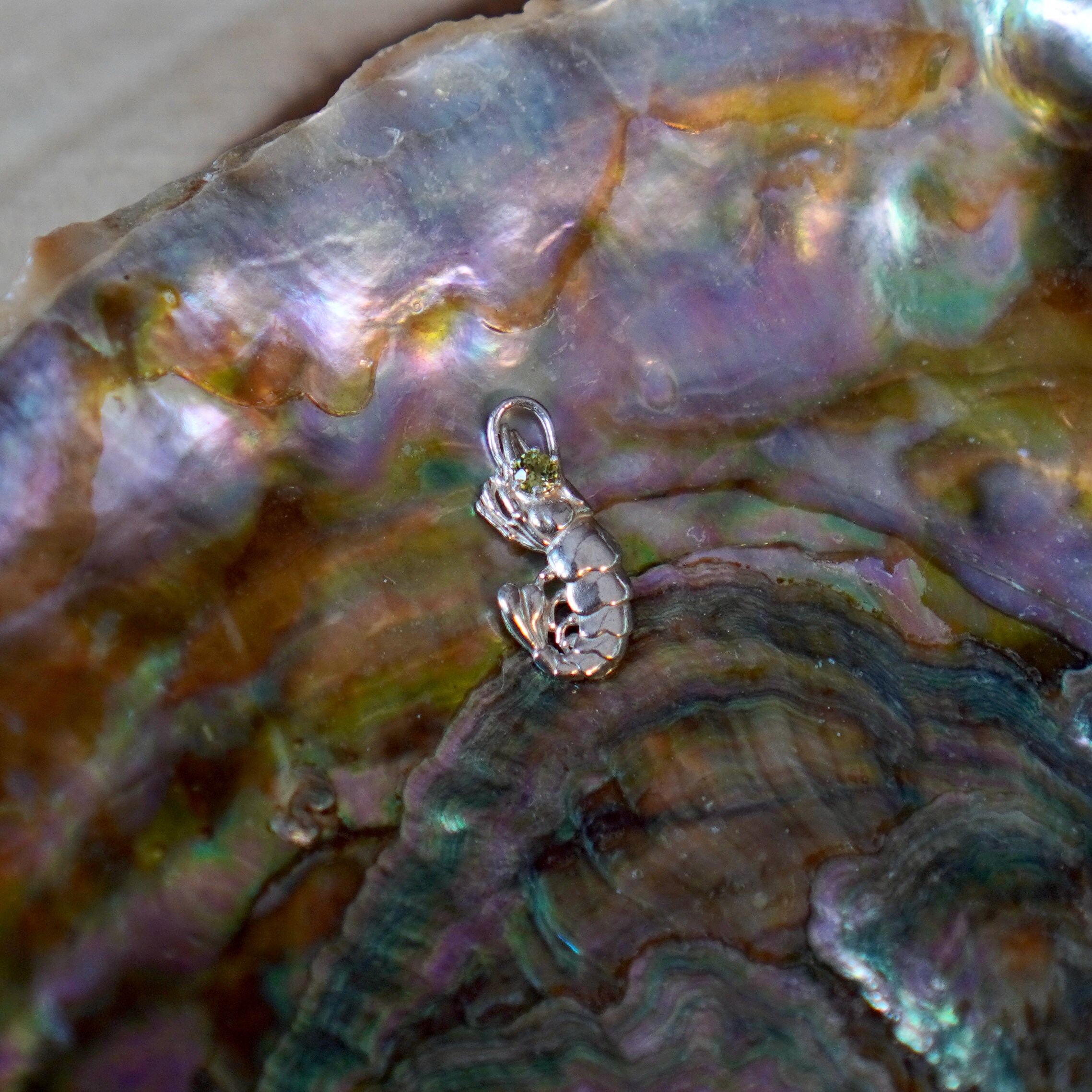 Silver Shrimp Pendant With Real Green Peridot Crystal Eye, Solid ...