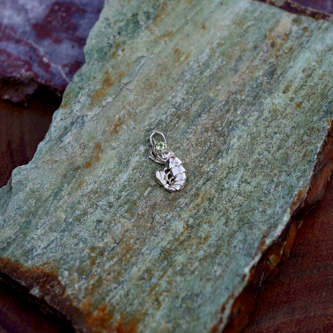 Silver Shrimp Pendant With Real Green Peridot Crystal Eye, Solid ...