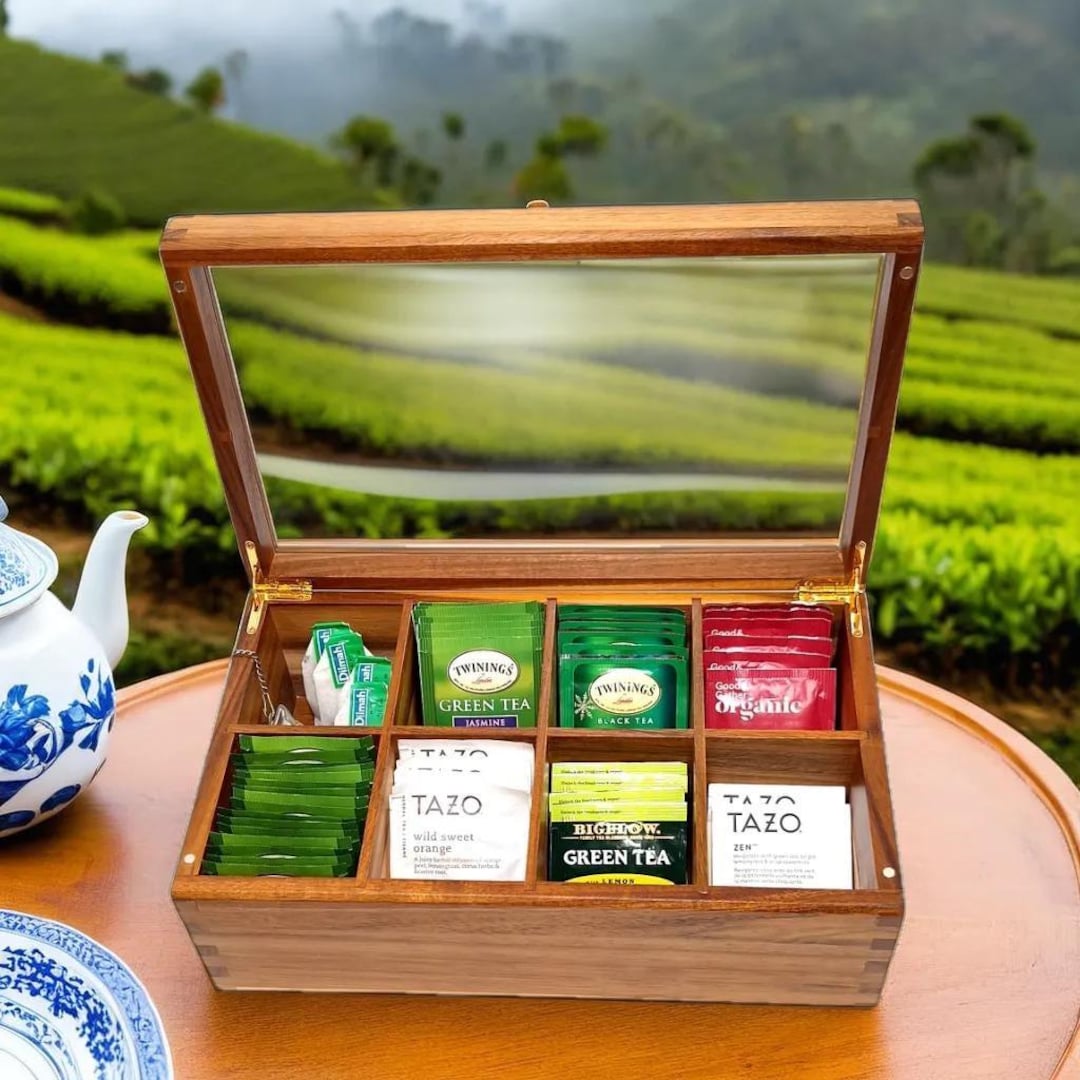 Personalized Acacia Wood Tea Box | Custom Engraved Storage Box | 12 or ...