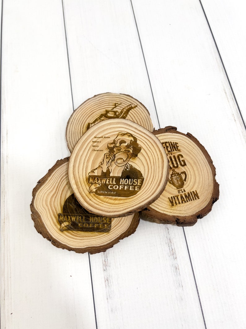 Coffee Themed Wood Coaster Set Coffee Lover Gift Wood Log - Etsy