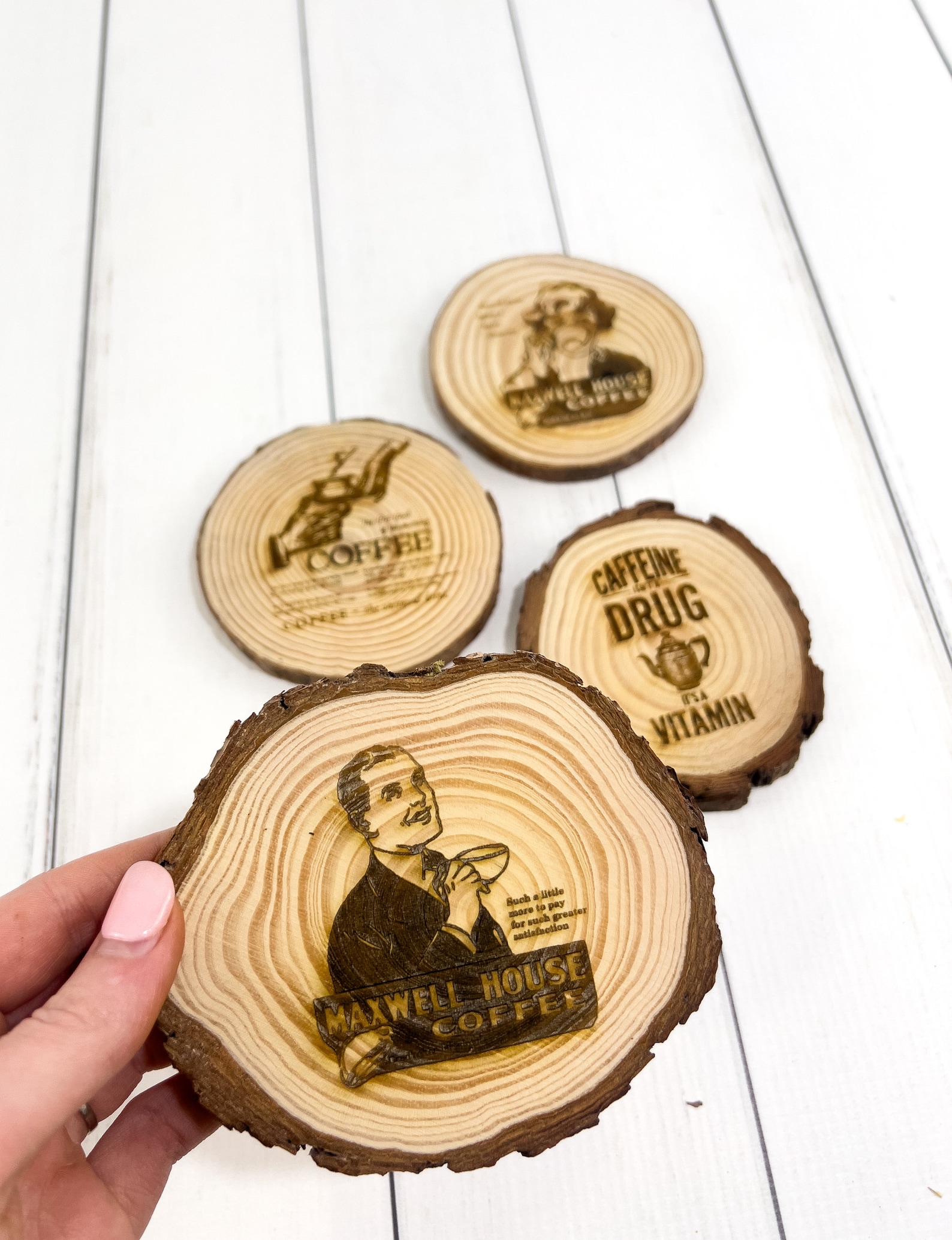 Coffee Themed Wood Coaster Set Coffee Lover Gift Wood Log - Etsy