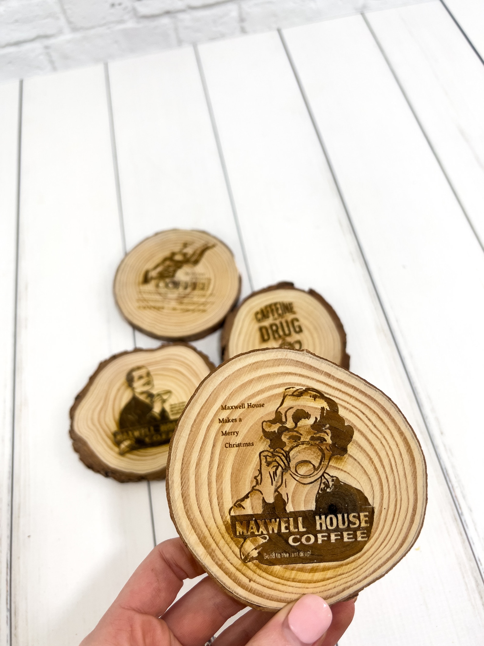 Coffee Themed Wood Coaster Set Coffee Lover Gift Wood Log - Etsy