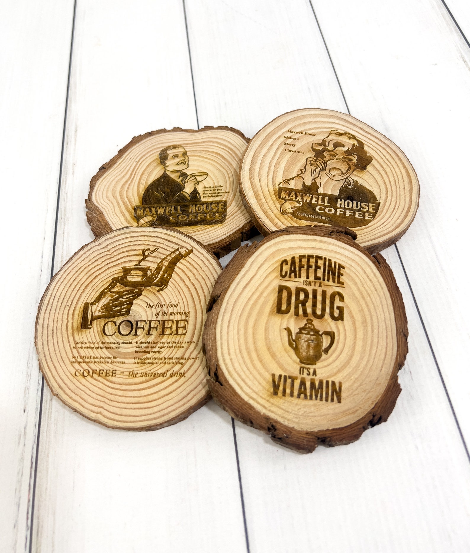Coffee Themed Wood Coaster Set Coffee Lover Gift Wood Log - Etsy