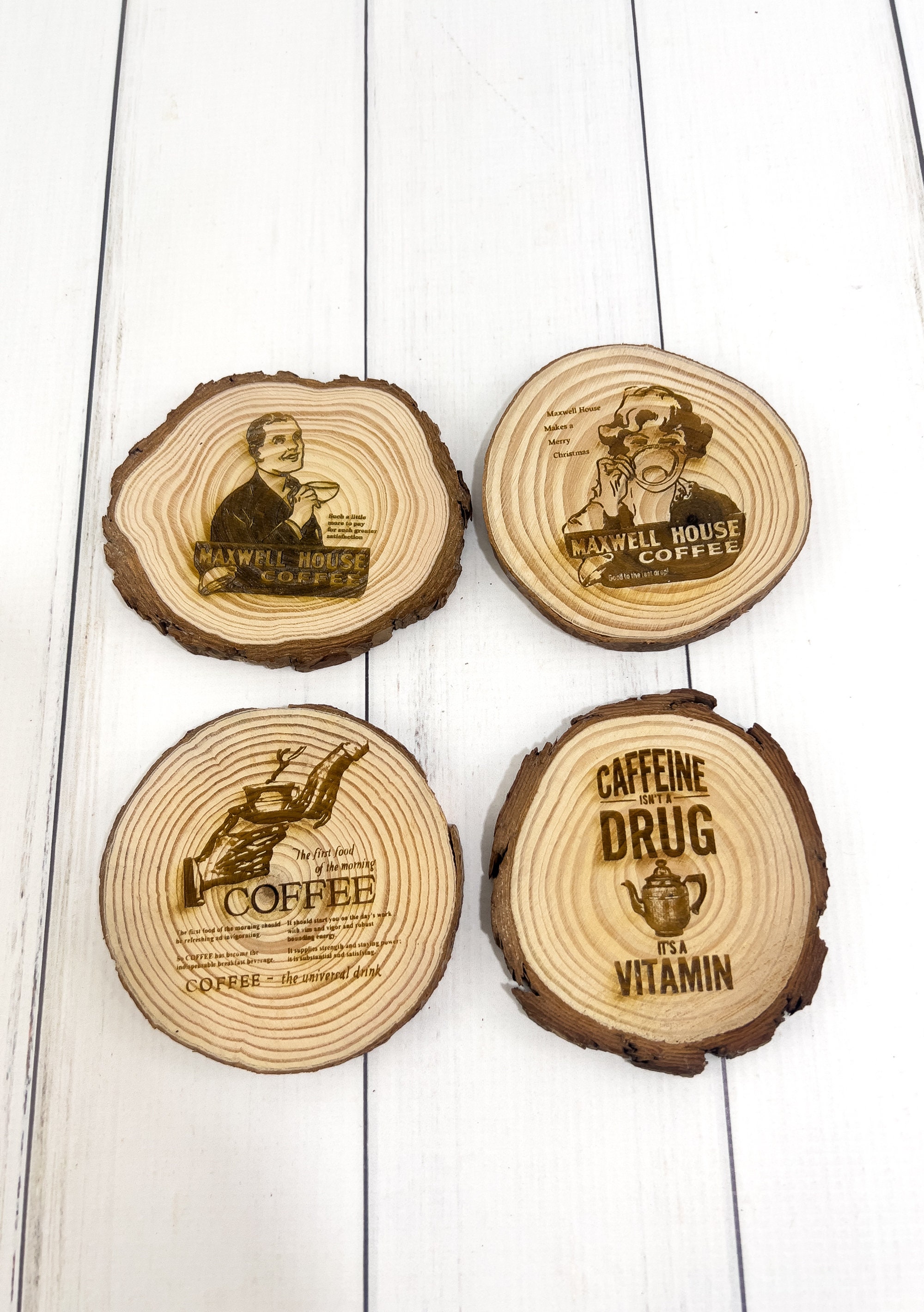 Coffee Themed Wood Coaster Set Coffee Lover Gift Wood Log - Etsy