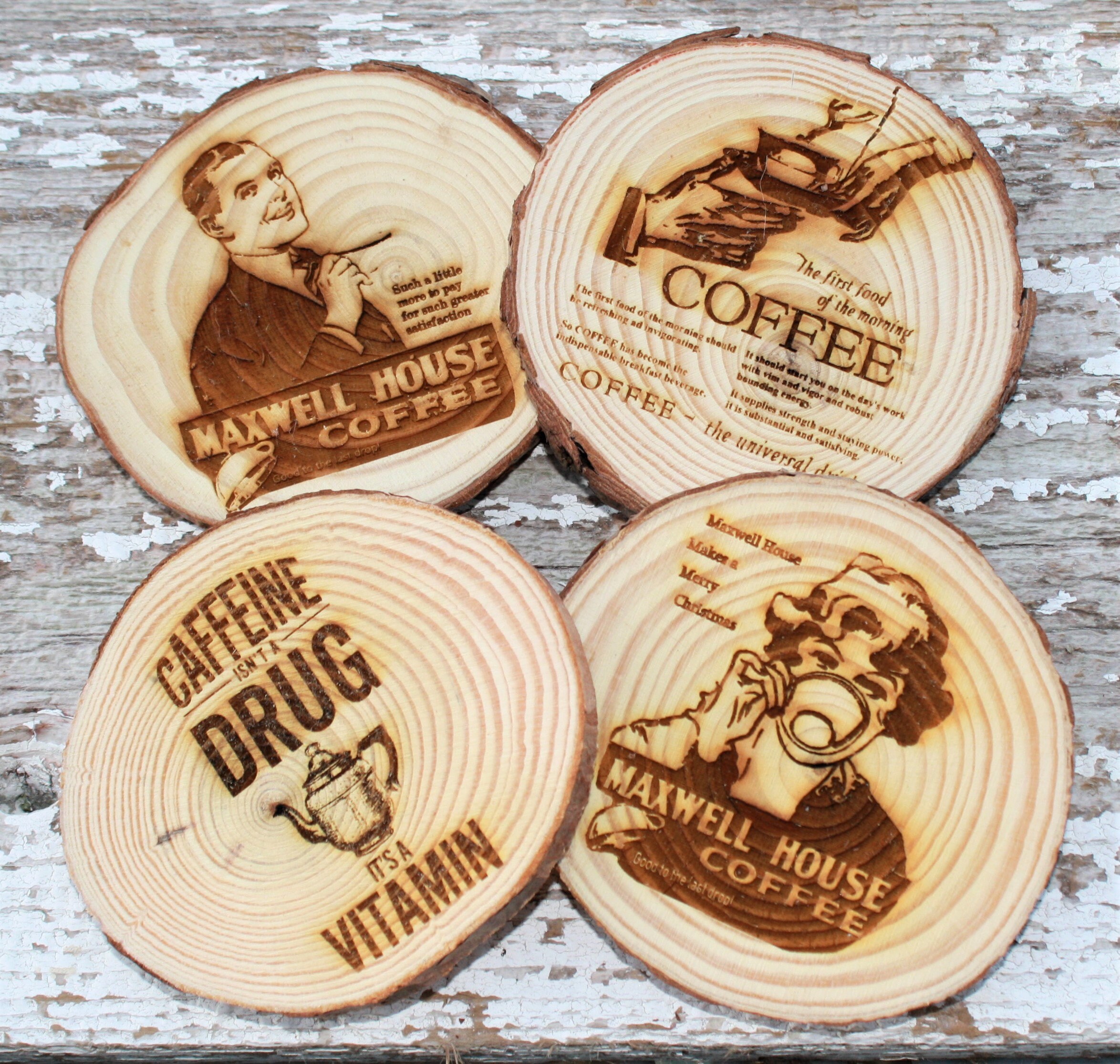 Coffee Themed Wood Coaster Set Coffee Lover Gift Wood Log | Etsy