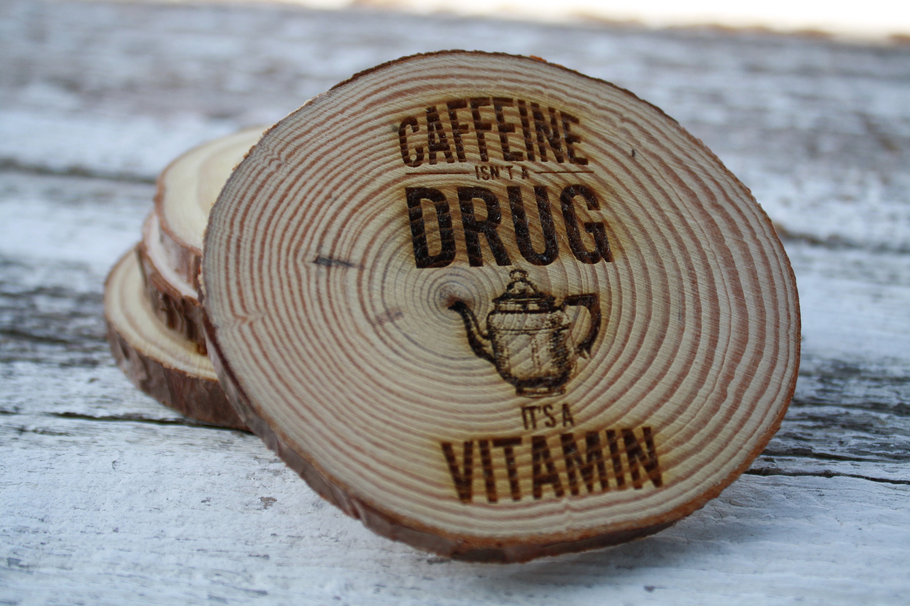 Coffee Themed Wood Coaster Set Coffee Lover Gift Wood Log | Etsy