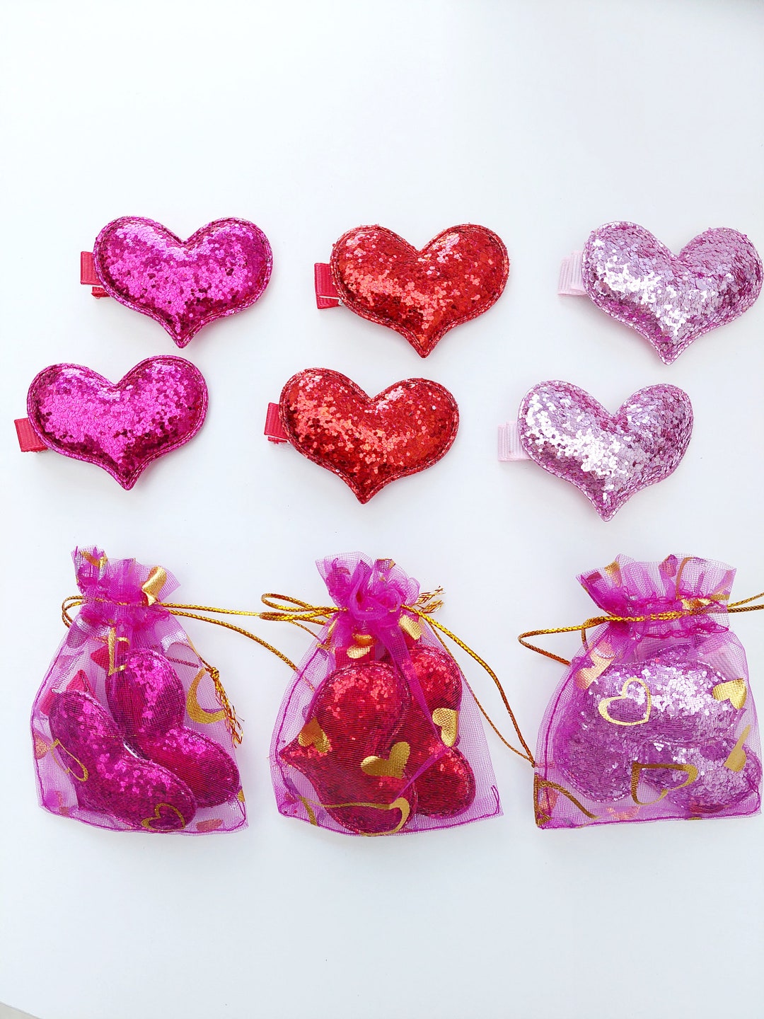 Sparkly Hair Clip Pair Glitter Heart Hair Bow Clip Red, Pink, Hot Pink ...