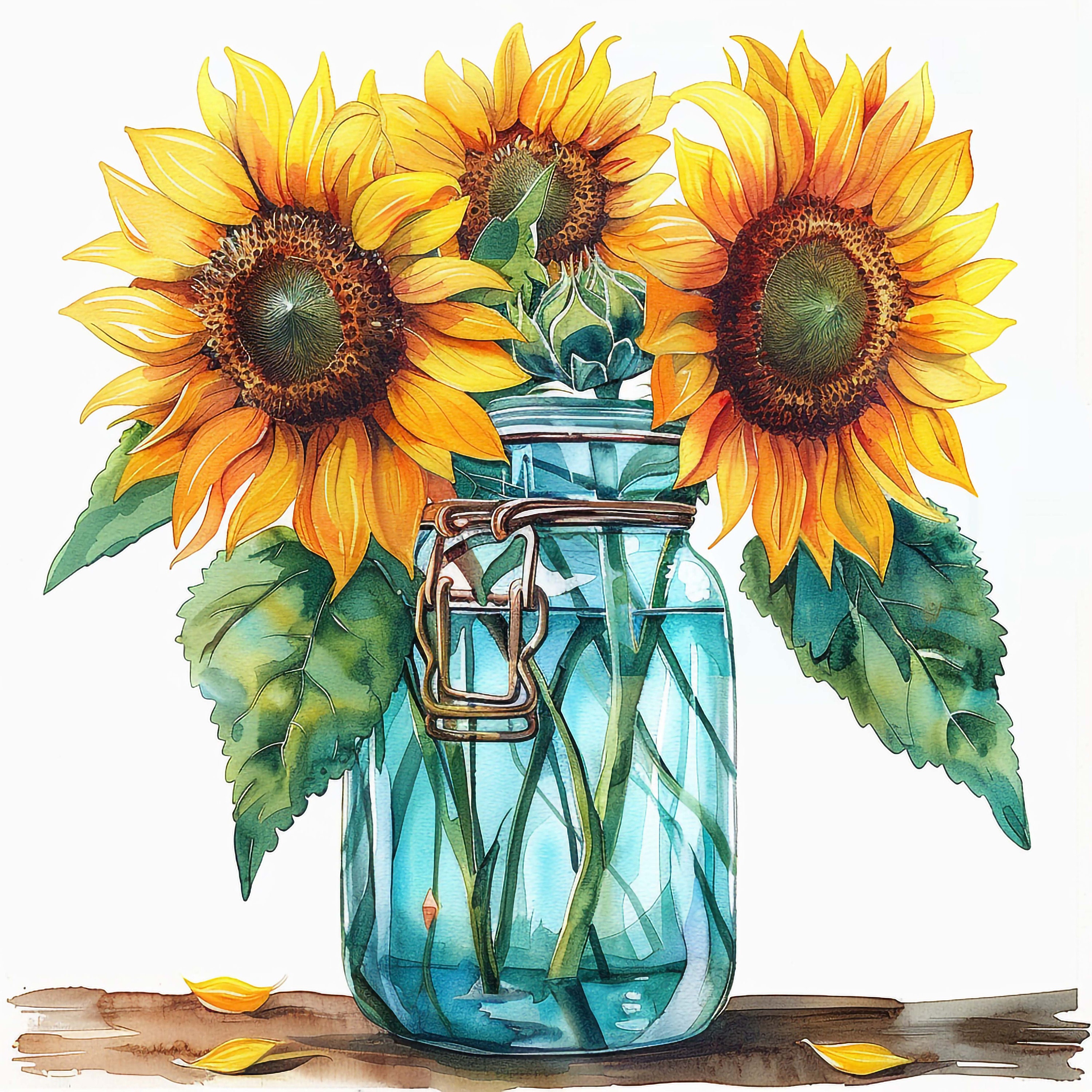 Watercolor Sunflower Flower Jar, Clipart Bundle 5 High Quality ...