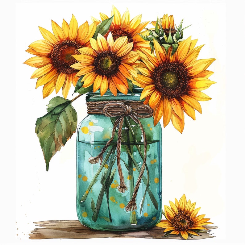 Watercolor Sunflower Flower Jar, Clipart Bundle- 5 High Quality ...