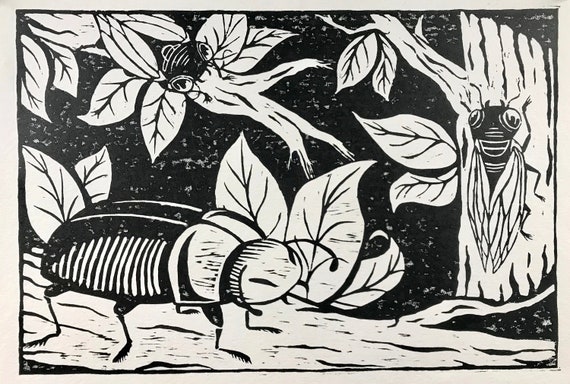 Cicadas' Wings & Beetle Feet: Hand-pulled Woodcut Print | Etsy