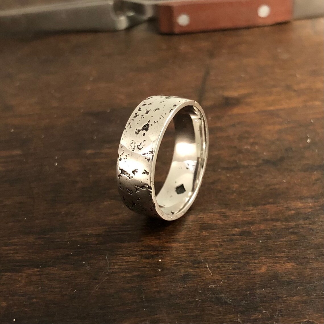 Flat Band Rustic Wedding Band Textured Band Sterling Silver - Etsy