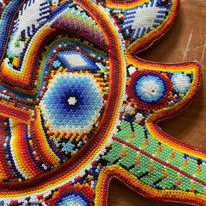 Huge Huichol Beaded Sun Moon Eclipse// Unusual Sculptural Blue Red ...