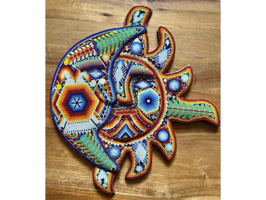Huge Huichol Beaded Sun Moon Eclipse// Unusual Sculptural Blue Red ...
