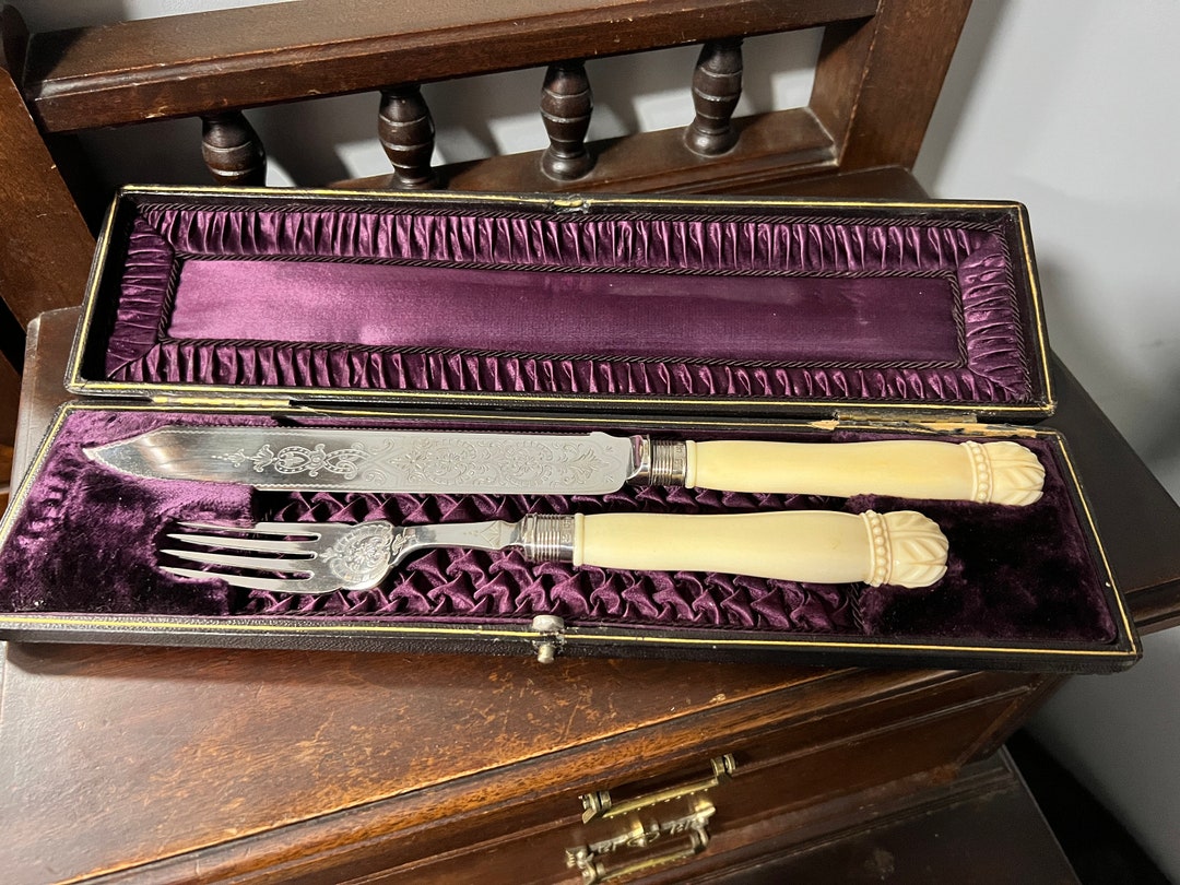 Antique, Stunning CASED PAIR SILVER Mounted Knife and Fork Set With ...