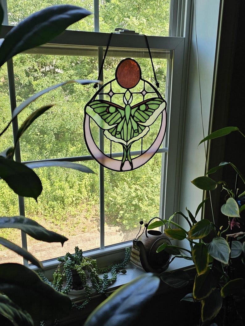 Digital Pattern Crescent Moon Luna Moth, Stained Glass Pattern Download ...