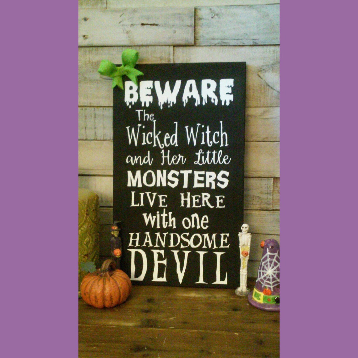 Halloween Wood Sign BEWARE Wicked Witch and Her Little - Etsy