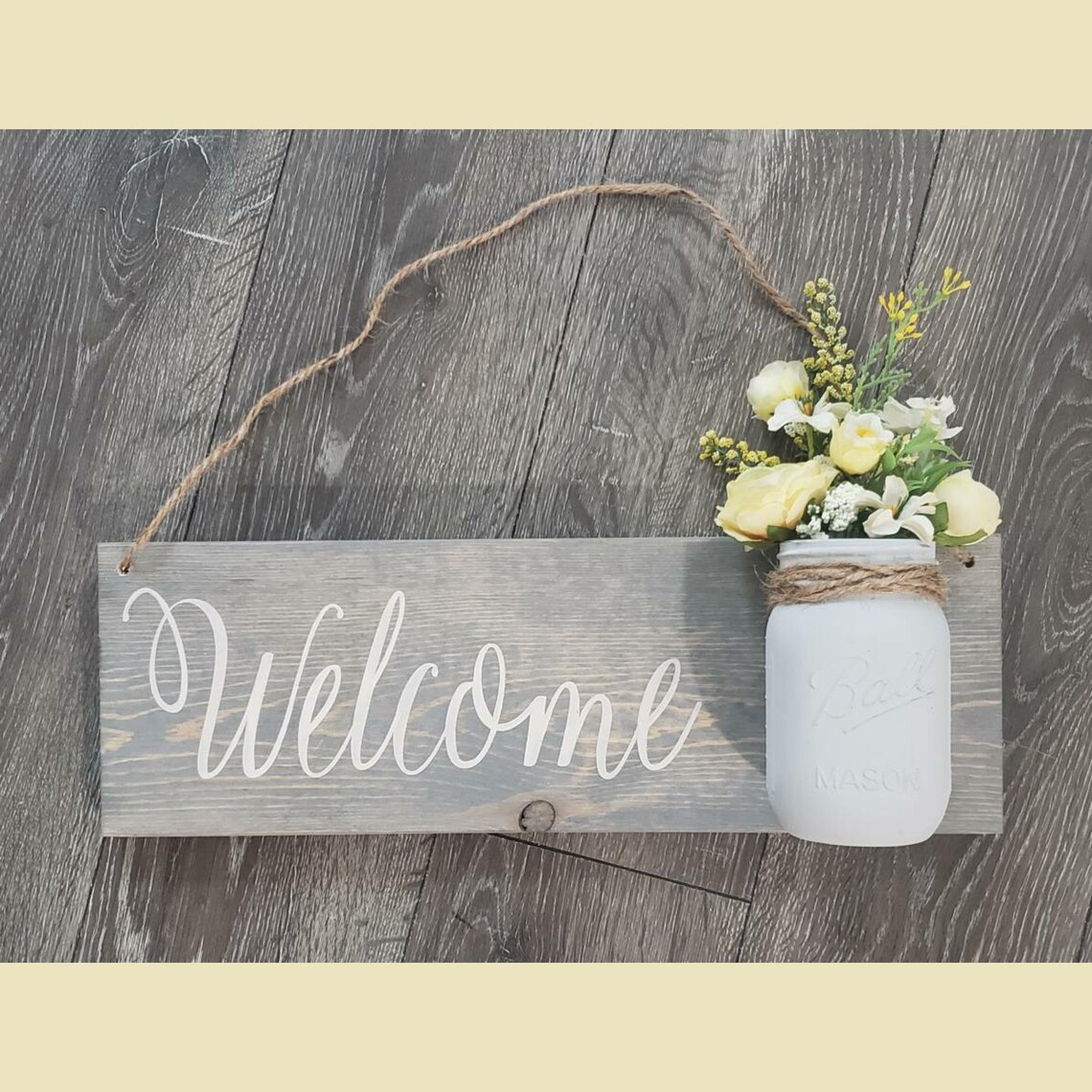 Mason Jar Welcome Hanging Sign Rustic Flower Wood Wooden - Etsy