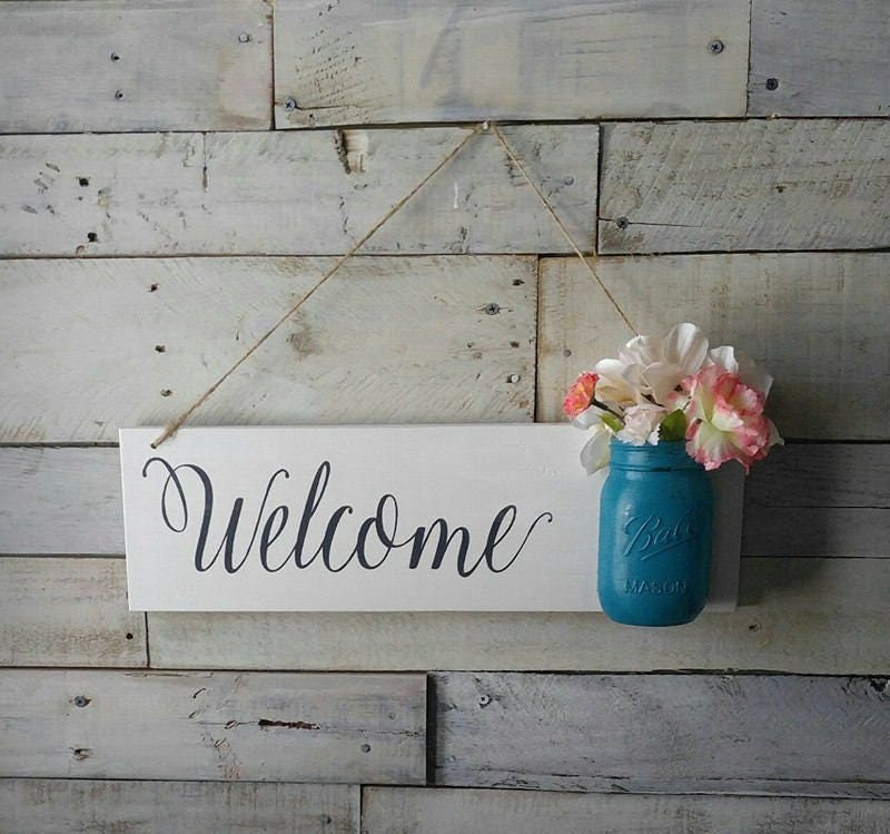 Mason Jar Welcome Hanging Sign Rustic Flower Wood Wooden - Etsy