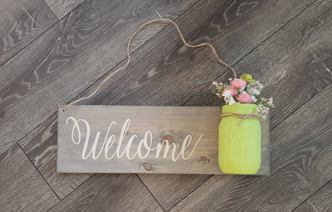 Mason Jar Welcome Hanging Sign Rustic Flower Wood Wooden - Etsy
