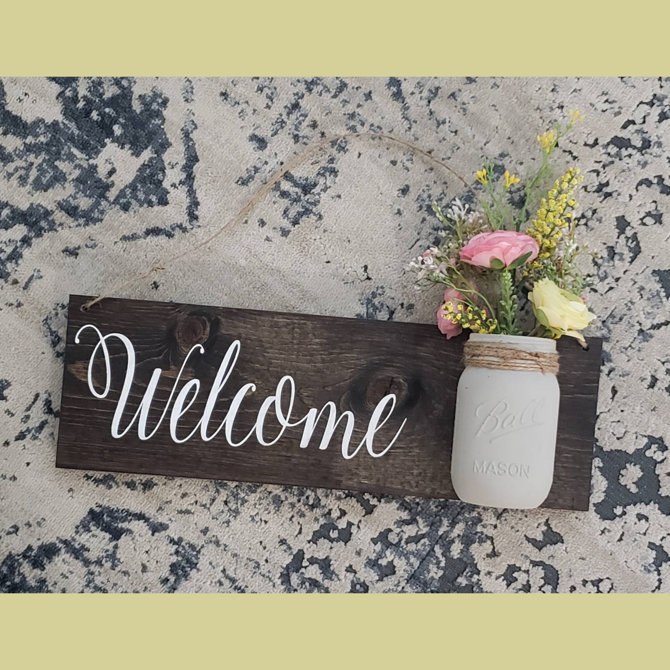Mason Jar Welcome Hanging Sign Rustic Flower Wood Wooden - Etsy