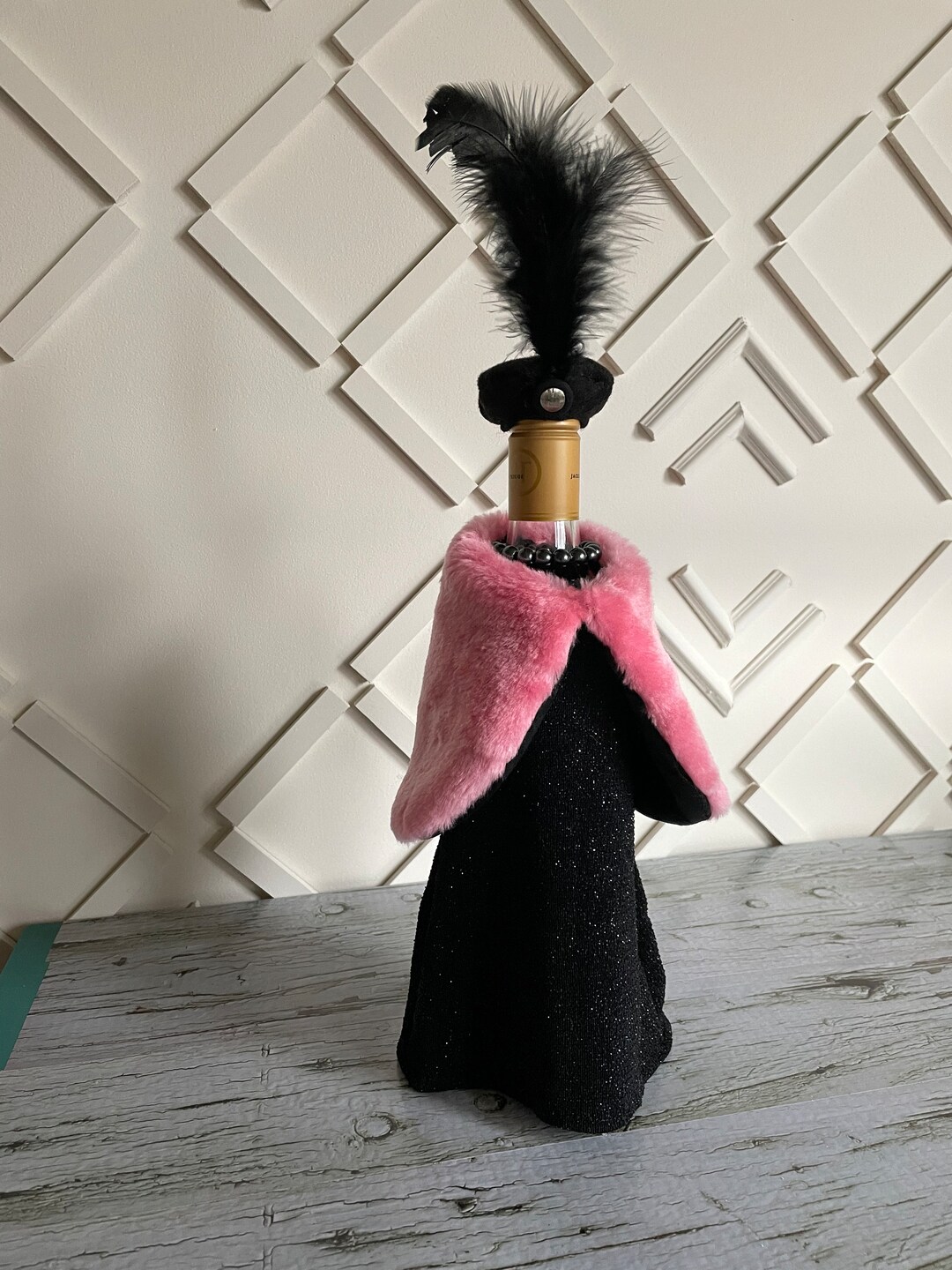 Pink Faux Fur Cape Wine Bottle Cover, Black Dress, Feather Beret - Etsy