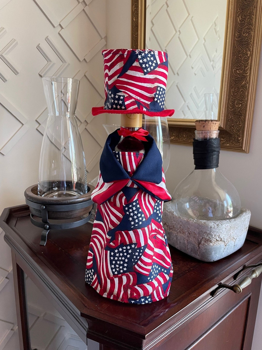 Fourth of July Wine Bottle Cover, Independence Day Centrepiece, Red ...