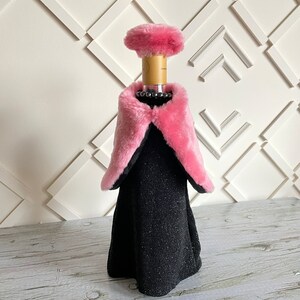 Pink Faux Fur Cape Wine Bottle Cover, Black Dress, Feather Beret - Etsy