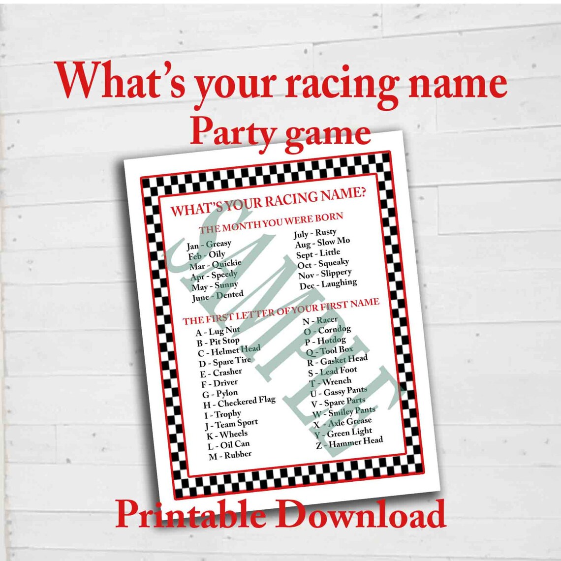 What's Your Racing Name. Printable Download Party Game - Etsy Canada