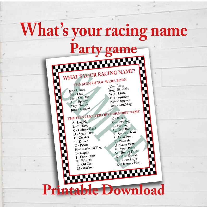 What's Your Racing Name. Printable Download, Party Game - Etsy Canada