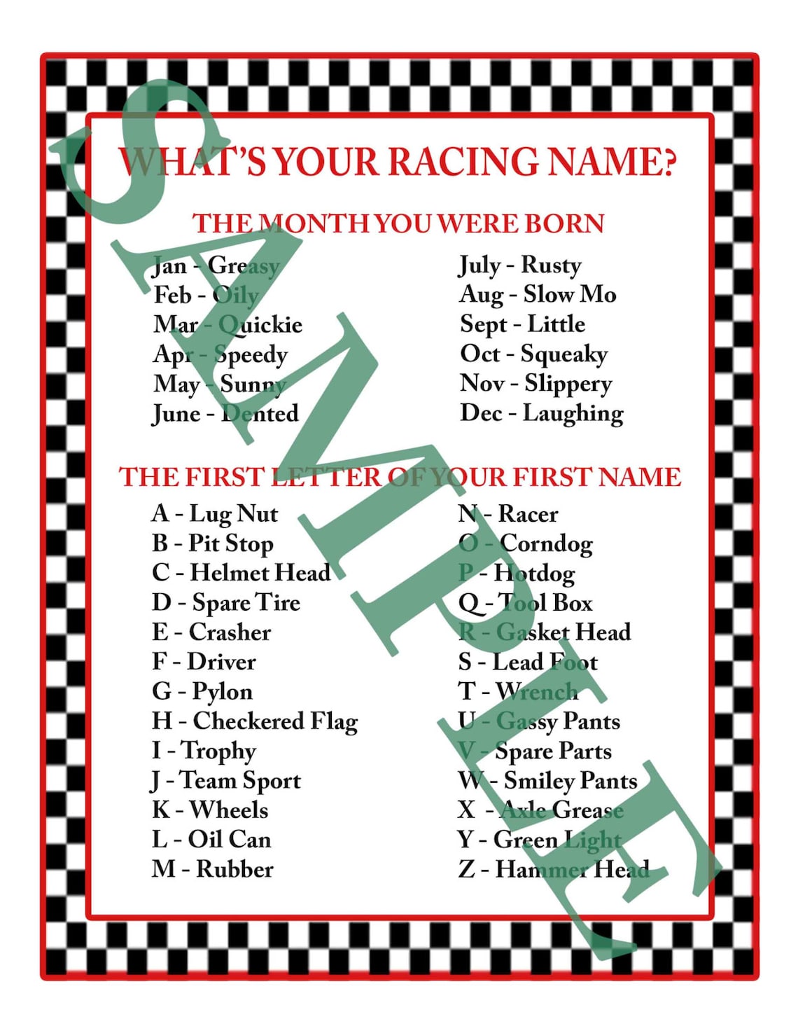 What's Your Racing Name. Printable Download Party Game - Etsy Canada
