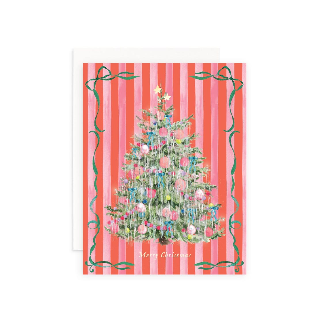 Merry Christmas Tinsel Tree Greeting Card | Watercolor Christmas Tree ...