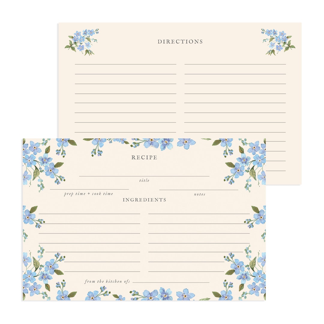 Forget Me Not Floral Recipe Cards | Recipe Book Cards | Family Recipe ...