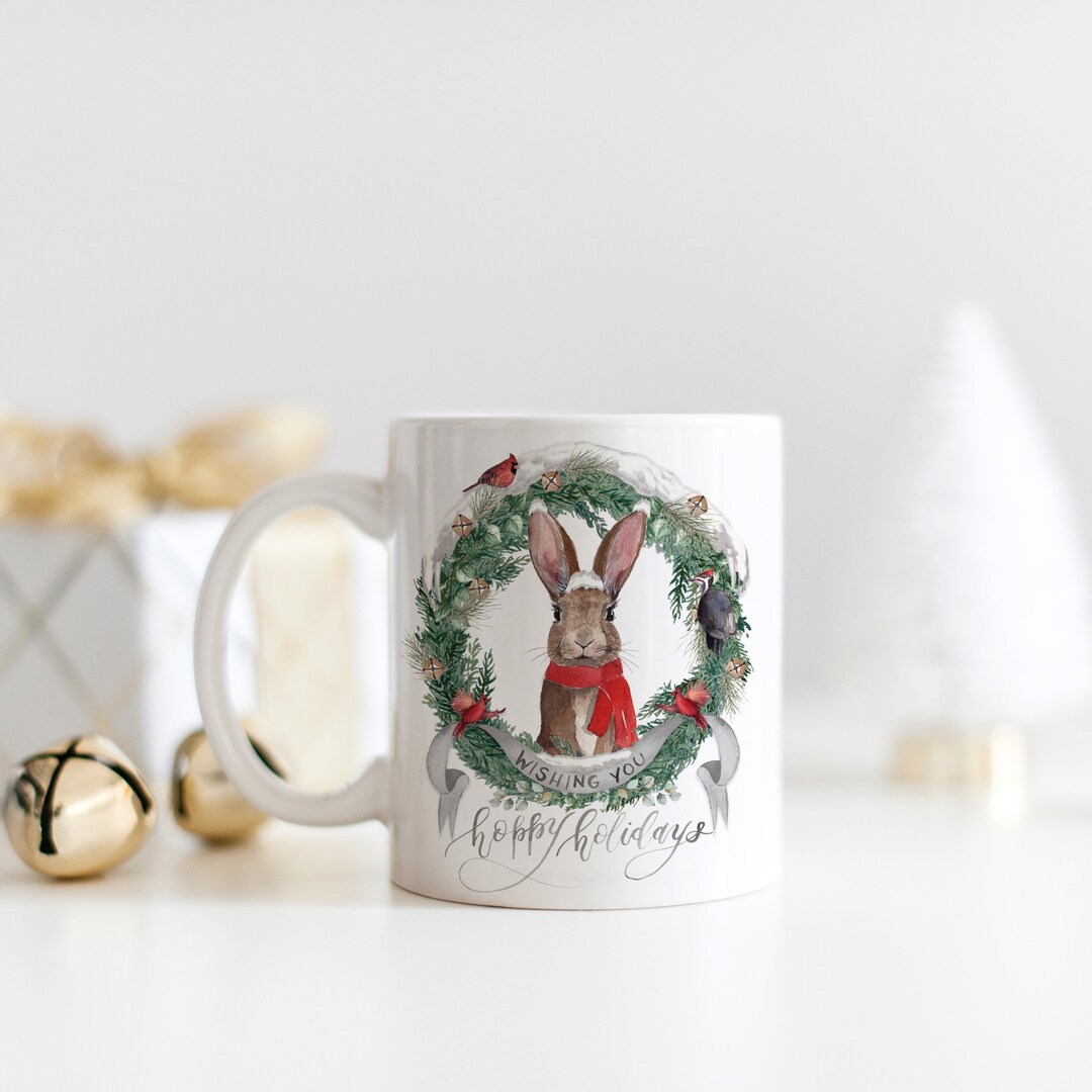 Hoppy Holidays Coffee Mug | Watercolor Christmas Mug | Rabbitmug ...