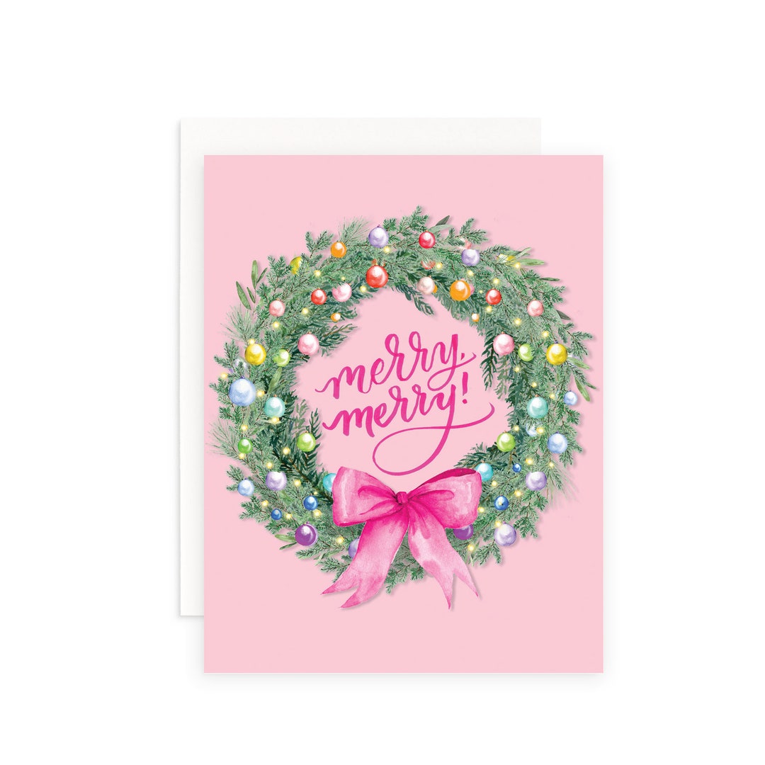 Merry Merry Pink Christmas Card | Rainbow Wreath Christmas Card | Cute ...