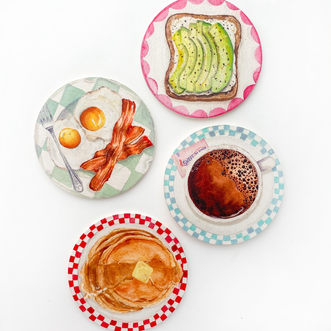 Breakfast Plates Coaster Set, Cute Breakfast Coasters, Watercolor ...