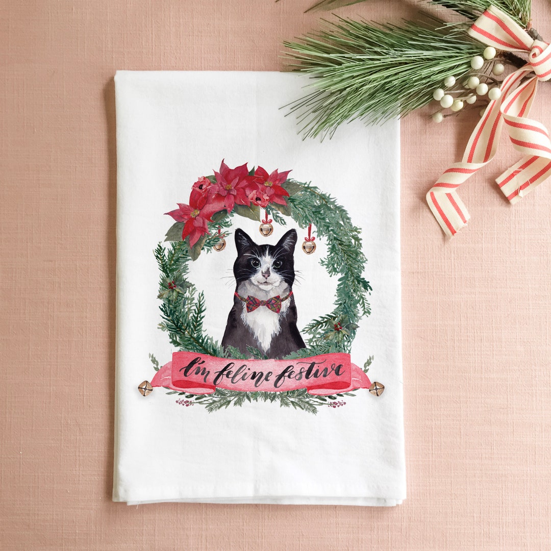 Feline Festive Christmas Tea Towel, Holiday Tea Towel, Feline Dish ...