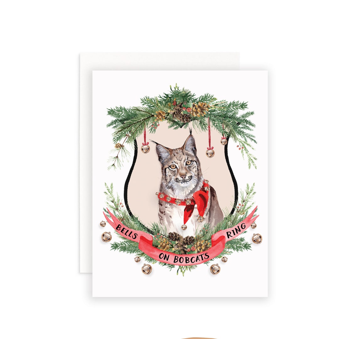Bells on Bobcats Ring Christmas Card | Watercolor Cat Christmas Card ...
