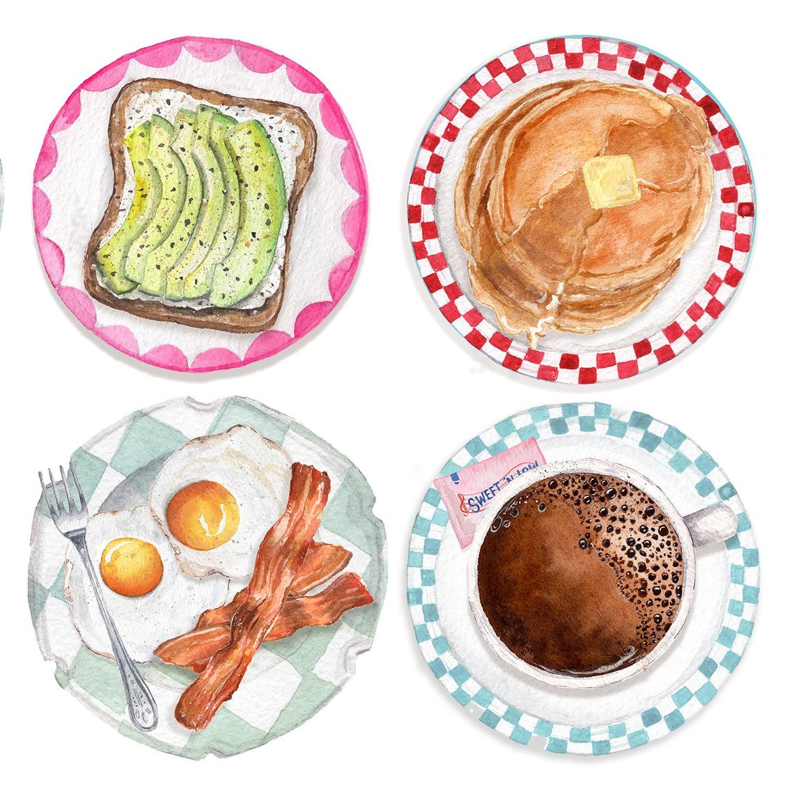 Breakfast Plates Coaster Set, Cute Breakfast Coasters, Watercolor ...