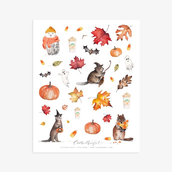 Fall Sticker Sheet Cute Autumn Sticker Sheet Watercolor | Etsy