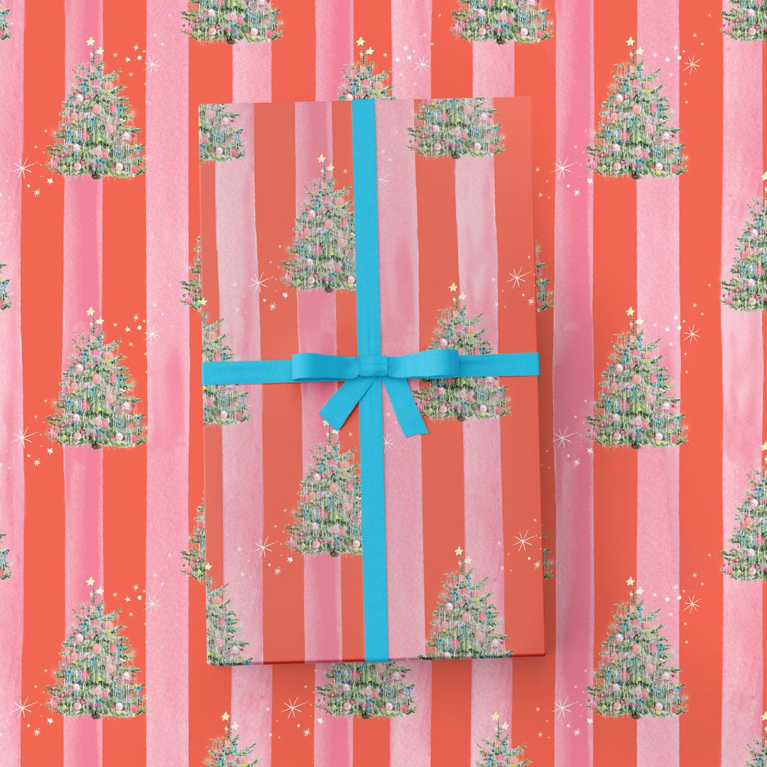 Tinsel Christmas Tree Wrapping Paper Sheets | Watercolor Wrapping Paper ...