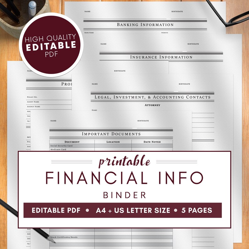 Editable Financial Information Binder | Printable PDF A4+ US Letter ...