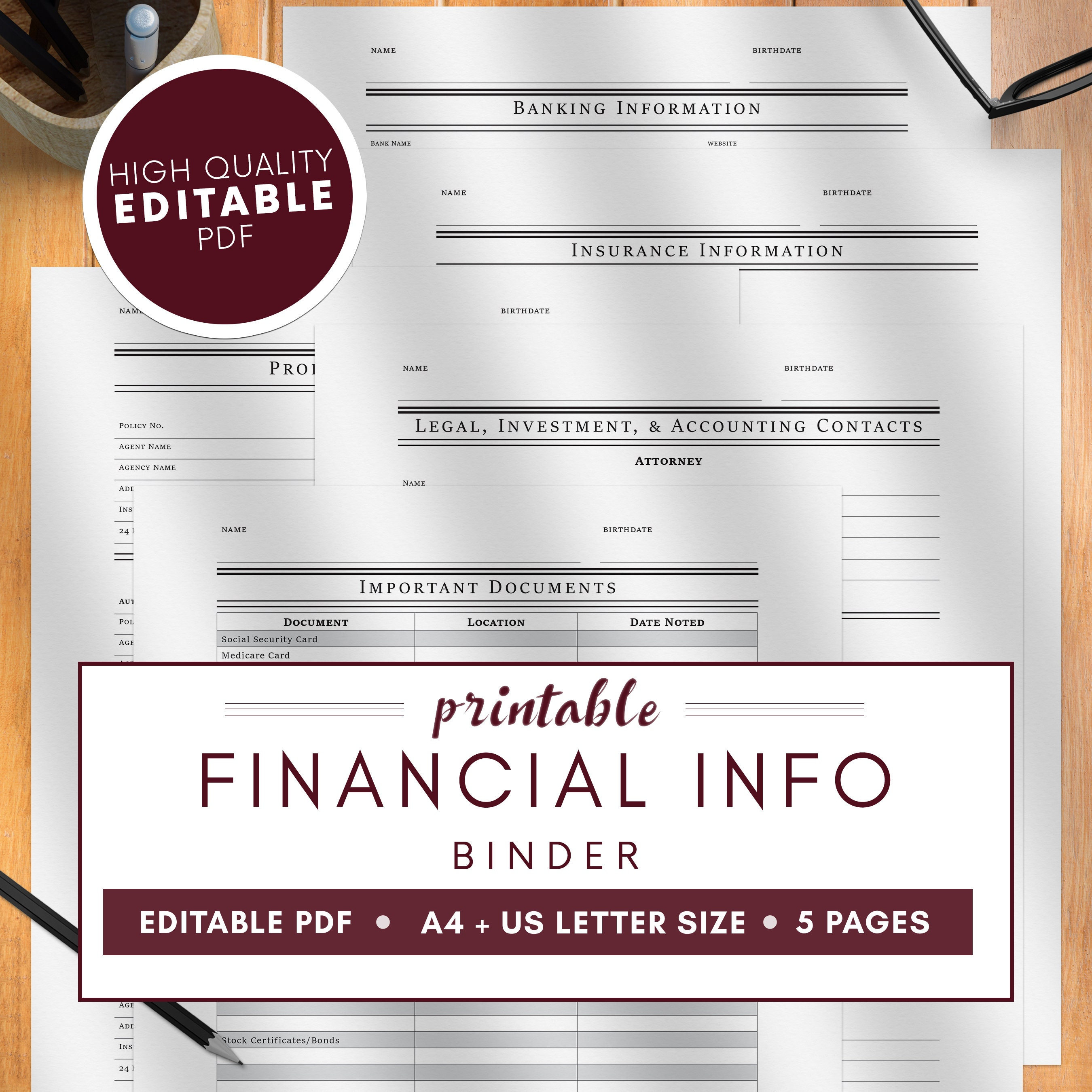 Editable Financial Information Binder | Printable PDF A4+ US Letter ...