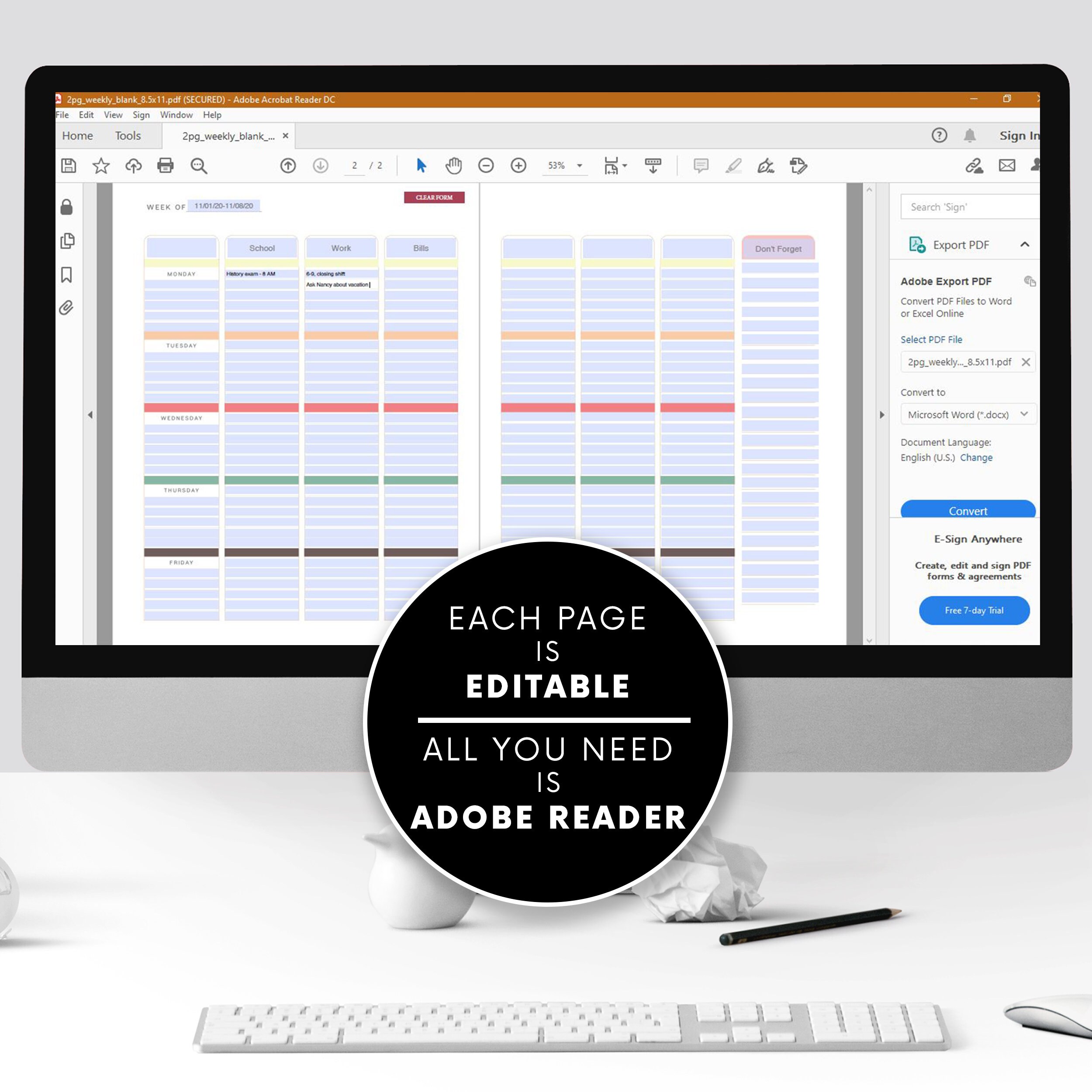 EDITABLE Blank Weekly Planner printable PDF US Letter A4 | Etsy