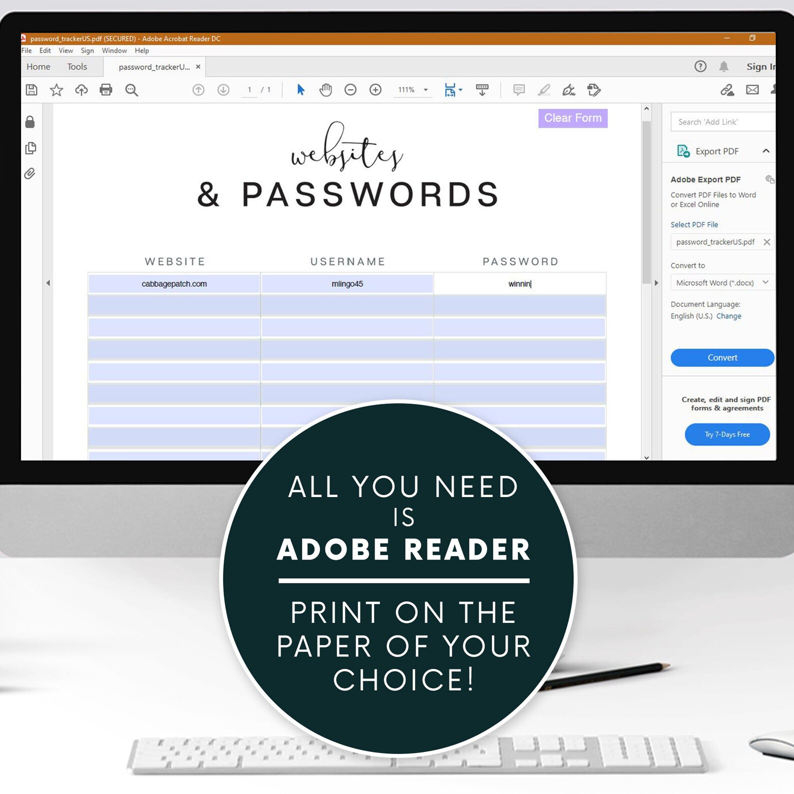 Editable PDF Password Tracker Printable, US Letter + A4 - Etsy